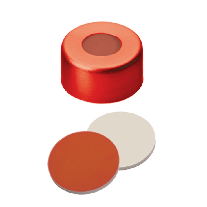 11mm red aluminium crimp cap, PTFE/redrubber 100/pk | Analytical ...